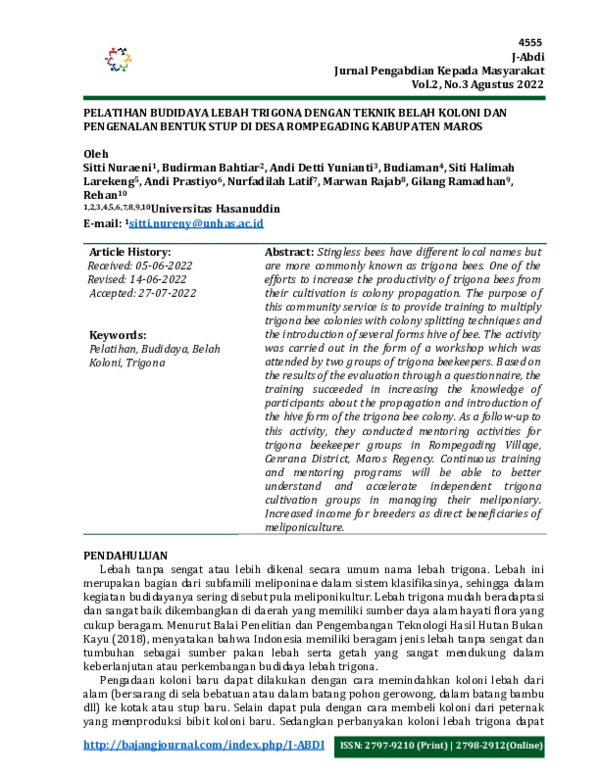 (PDF) Pelatihan Budidaya Lebah Trigona Dengan Teknik Belah Koloni Dan ...