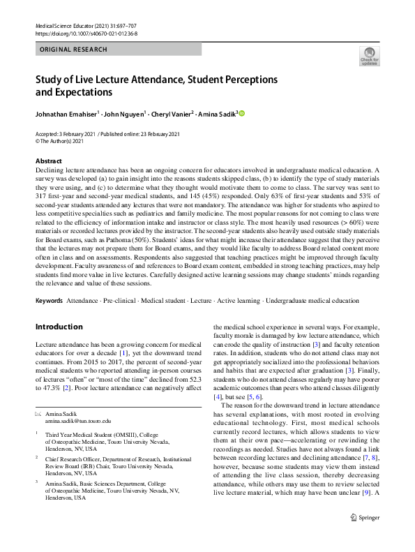 (PDF) Study of Live Lecture Attendance, Student Perceptions and Expectations