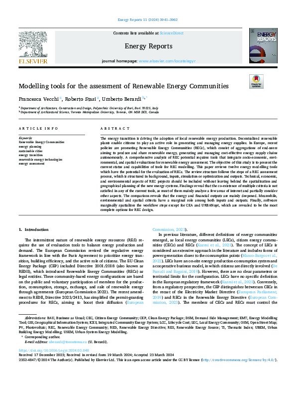 (PDF) Modelling tools for the assessment of Renewable Energy Communities