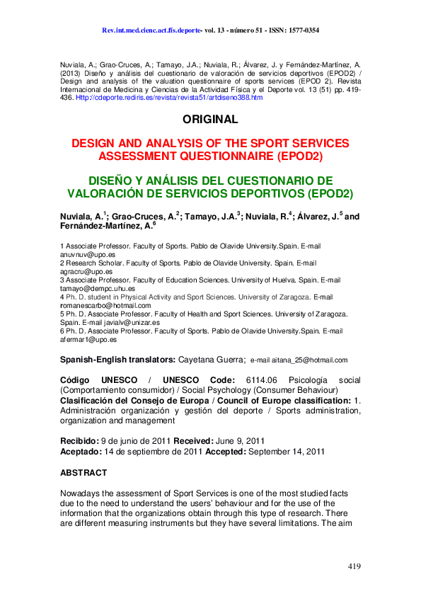 (PDF) Design and analysis of the valuation questionnaire of sports services (EPOD 2) (Diseño y ...