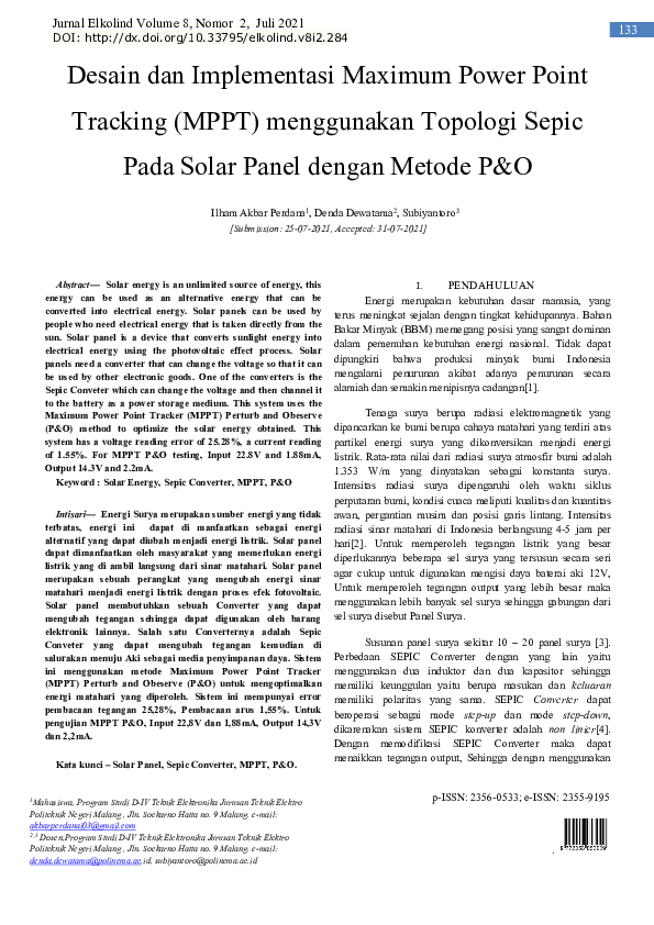 (PDF) Desain dan Implementasi Maximum Power Point Tracking (MPPT) menggunakan Topologi Sepic ...