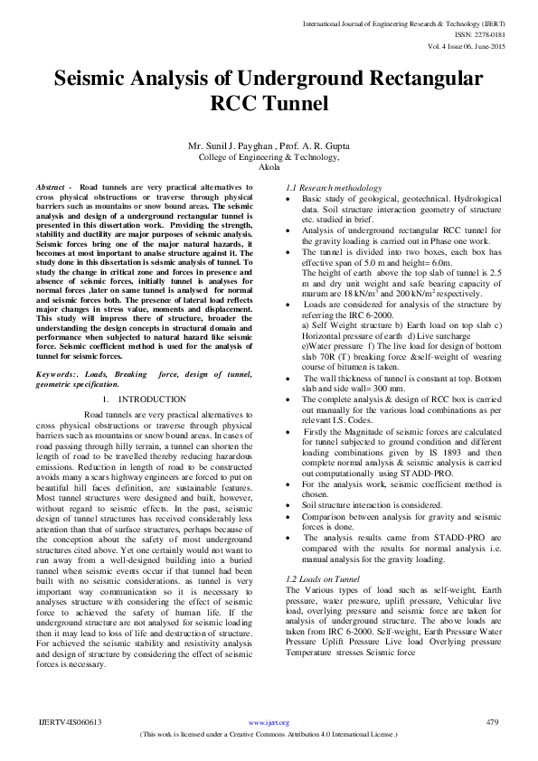 (PDF) Seismic Analysis of Underground Rectangular RCC Tunnel