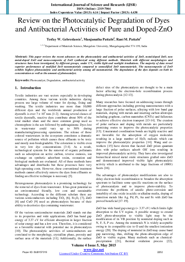 (PDF) Review on the Photocatalytic Degradation of Dyes and Antibacterial Activities of Pure and ...