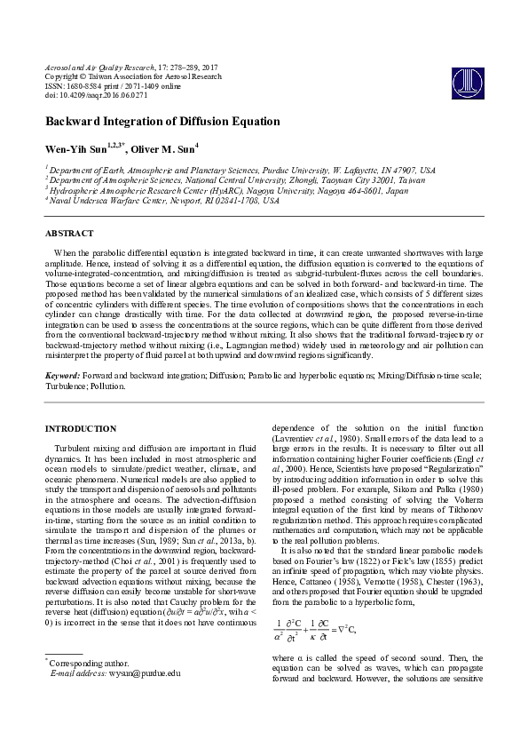 (PDF) Backward Integration of Diffusion Equation
