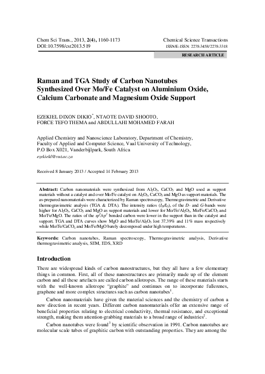 (PDF) Raman and TGA Study of Carbon Nanotubes Synthesized Over Mo/Fe ...