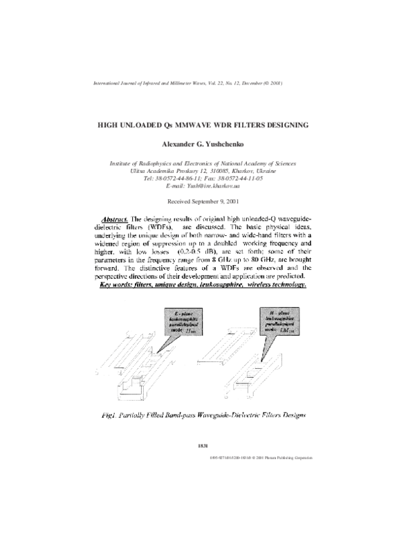 (PDF) High Unloaded Qs MM Wave WDR Filters Designing | Alexander G ...