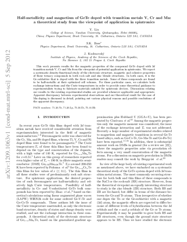 (PDF) Half-metallicity and magnetism of GeTe doped with transition ...