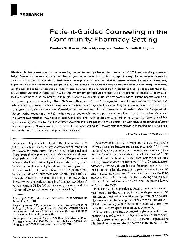 (PDF) Patient-Guided Counseling in the Community Pharmacy Setting