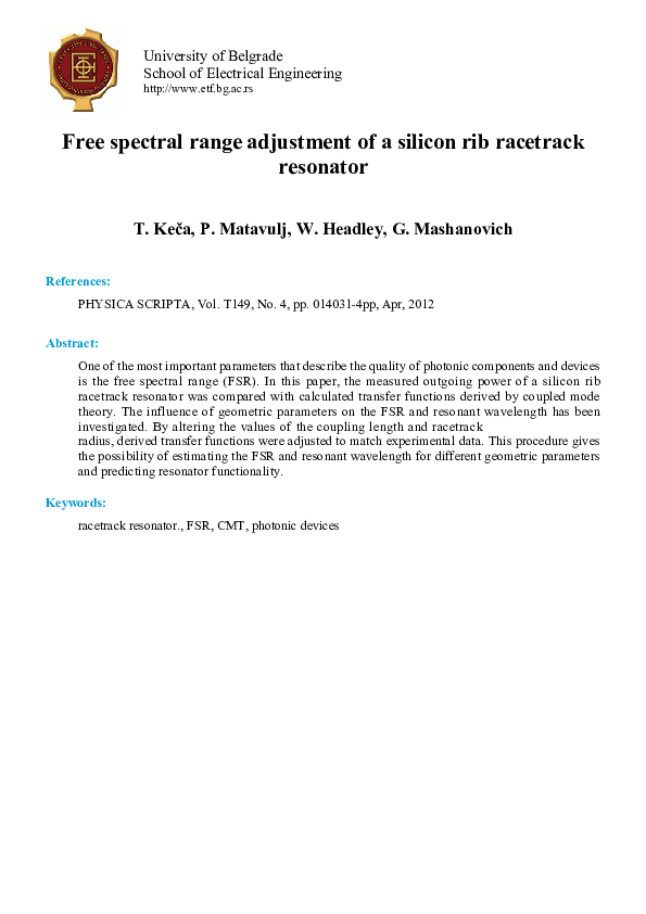 (PDF) Free spectral range adjustment of a silicon rib racetrack resonator