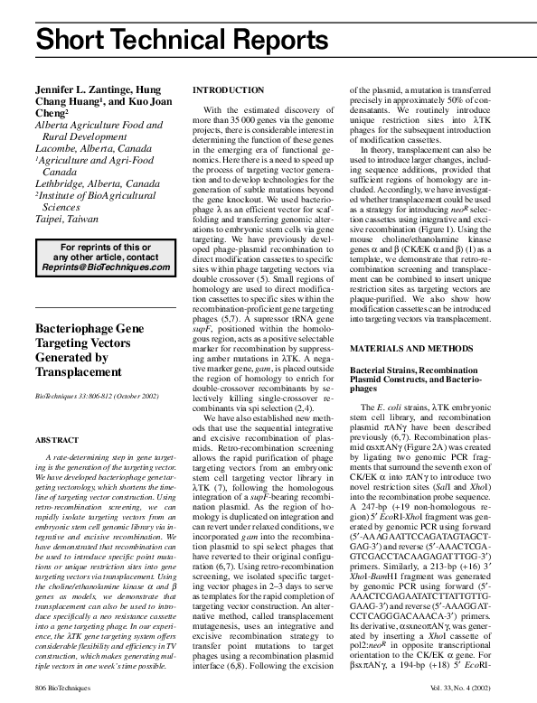 (PDF) Bacteriophage Gene Targeting Vectors Generated by Transplacement