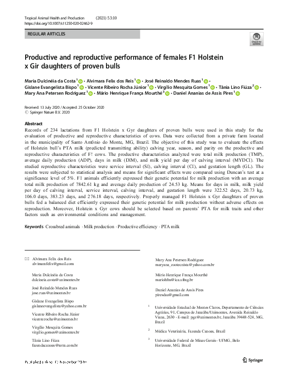 (PDF) Productive and reproductive performance of females F1 Holstein x ...