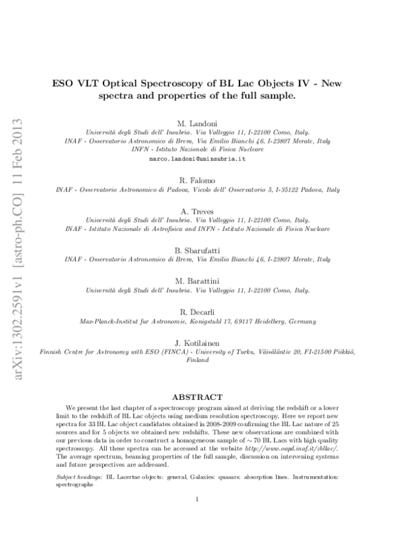 (PDF) Eso Very Large Telescope Optical Spectroscopy of BL Lacertae Objects. IV. New Spectra and ...