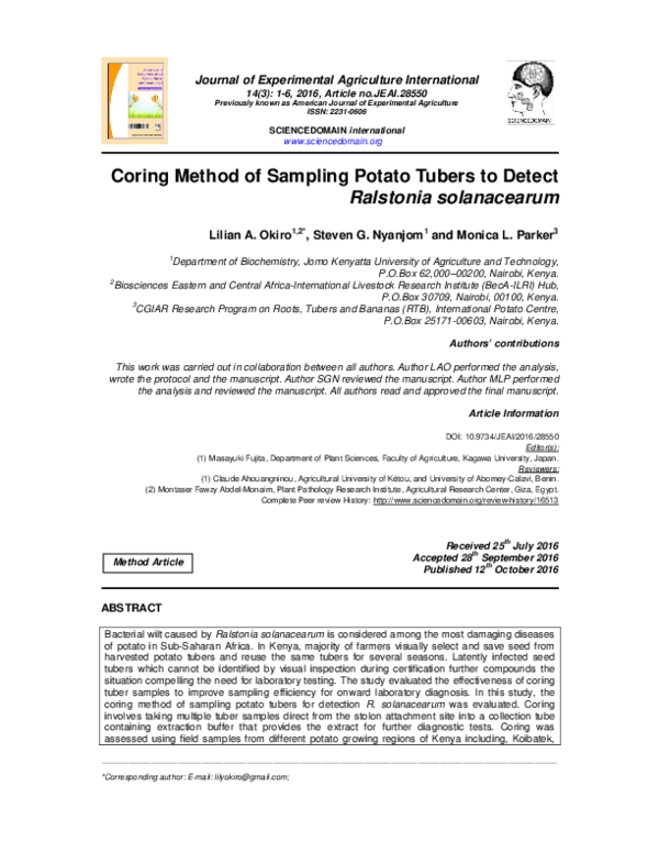 (PDF) Coring Method of Sampling Potato Tubers to Detect Ralstonia ...