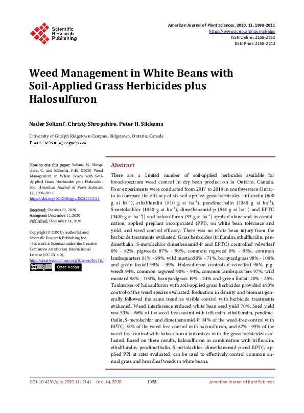 (PDF) Weed Management in White Beans with Soil-Applied Grass Herbicides ...