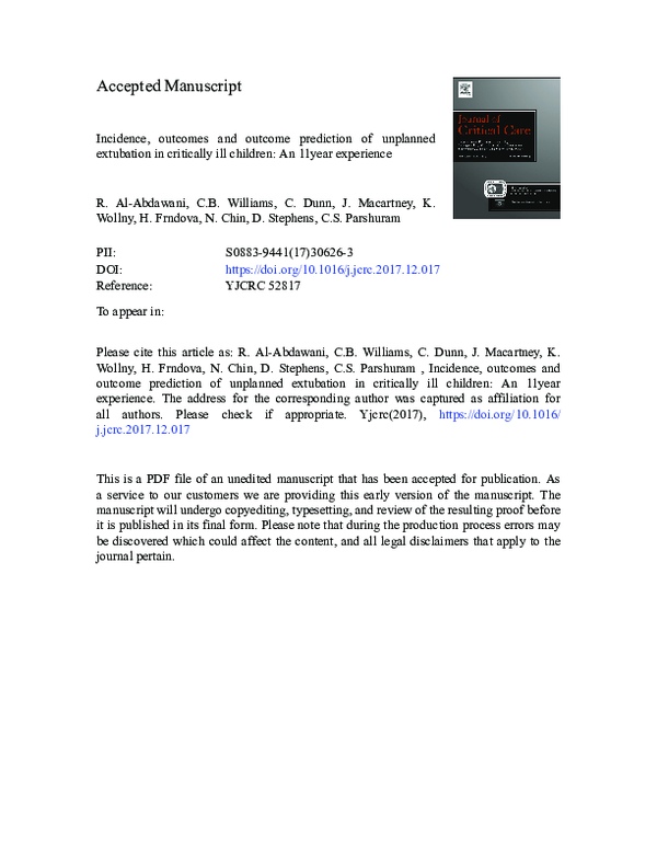 (PDF) Incidence, outcomes and outcome prediction of unplanned ...