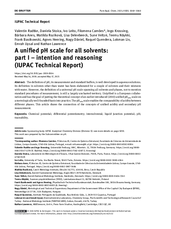 (PDF) A unified pH scale for all solvents: part I – intention and reasoning (IUPAC Technical Report)