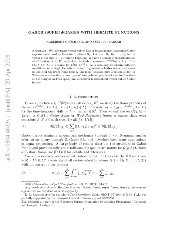 (PDF) Gabor (Super)Frames with Hermite Functions | Yurii Lyubarskii - Academia.edu