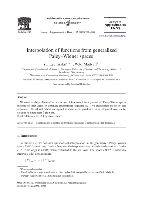 (PDF) Interpolation of functions from generalized Paley–Wiener spaces