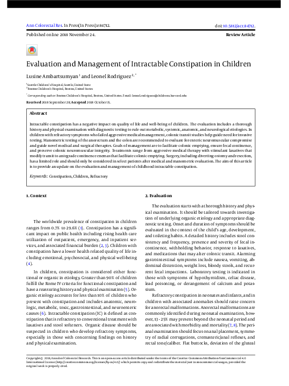 (PDF) Evaluation and Management of Intractable Constipation in Children ...