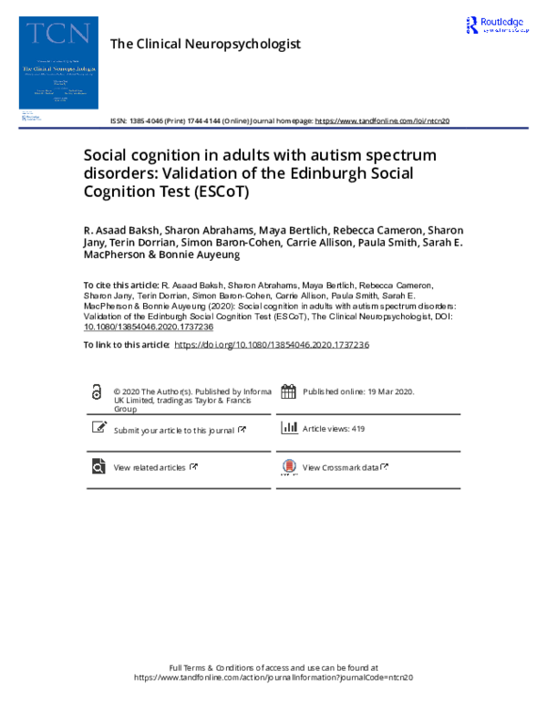 (PDF) Social cognition in adults with autism spectrum disorders ...
