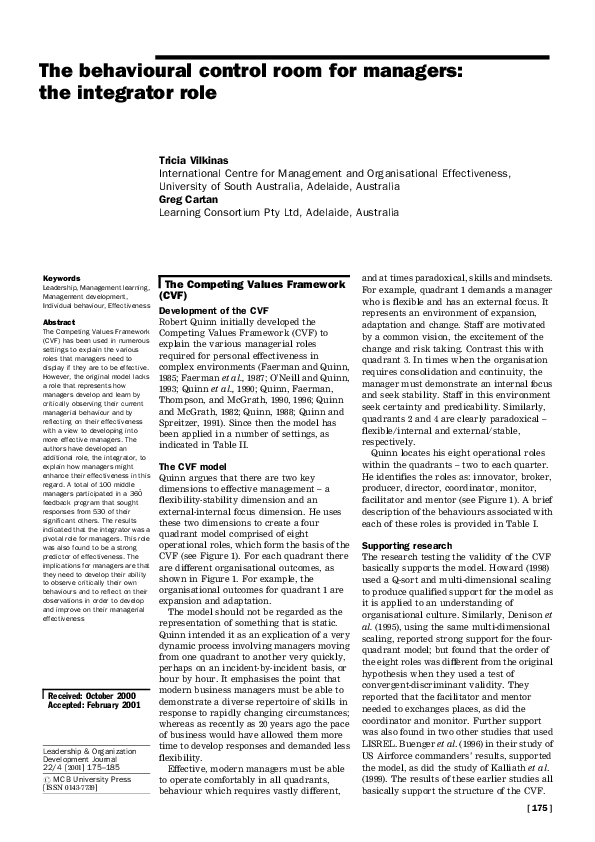 (PDF) The behavioural control room for managers: the integrator role