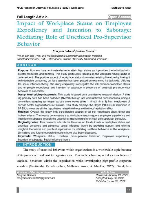 (PDF) Impact of Workplace Status on Employee Expediency and Intention ...