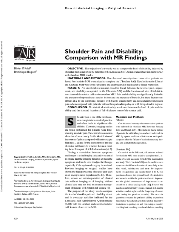 (PDF) Shoulder Pain and Disability: Comparison with MR Findings