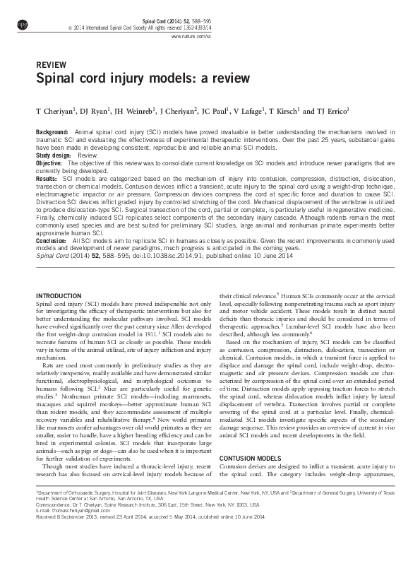 (PDF) Spinal cord injury models: a review