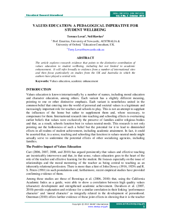 (PDF) Values Education: A Pedagogical Imperative for Student Wellbeing