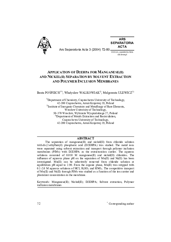 (PDF) Application of D2EHPA for Manganese(II) and Nickel(II) Separation ...