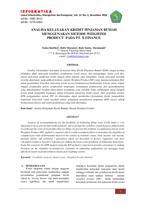 Pdf Analisa Kelayakan Kredit Pinjaman Rumah Menggunakan Metode