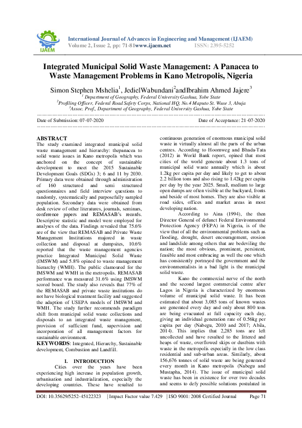 (PDF) Integrated Municipal Solid Waste Management: A Panacea to Waste Management Problems in ...