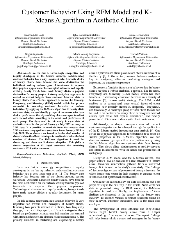 (PDF) Customer Behavior Using RFM Model and K-Means Algorithm in Aesthetic Clinic