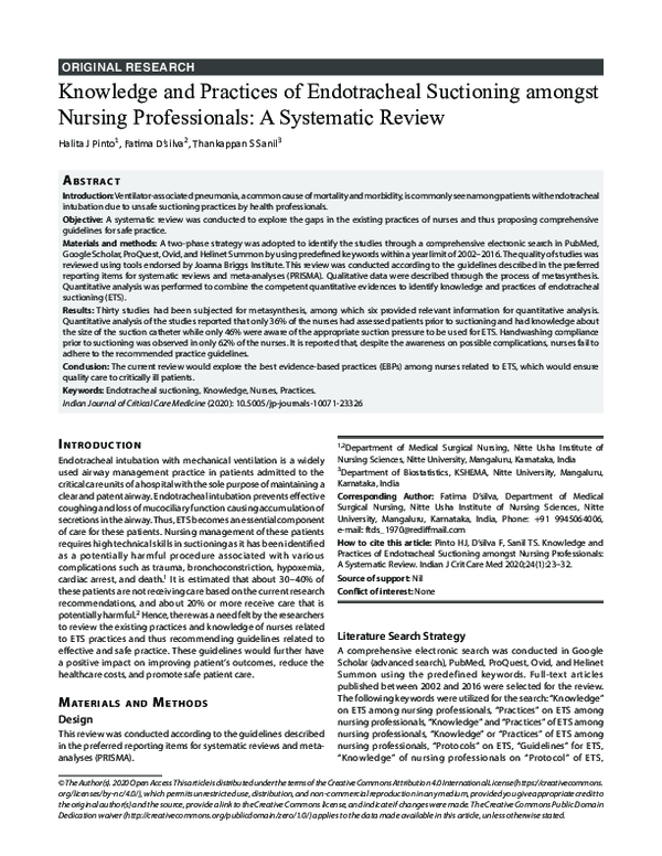 (PDF) Knowledge and Practices of Endotracheal Suctioning amongst ...