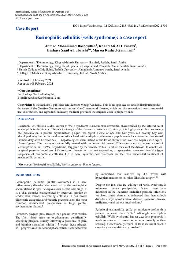 (PDF) Eosinophilic cellulitis (wells syndrome): a case report | Al Hawsawi - Academia.edu