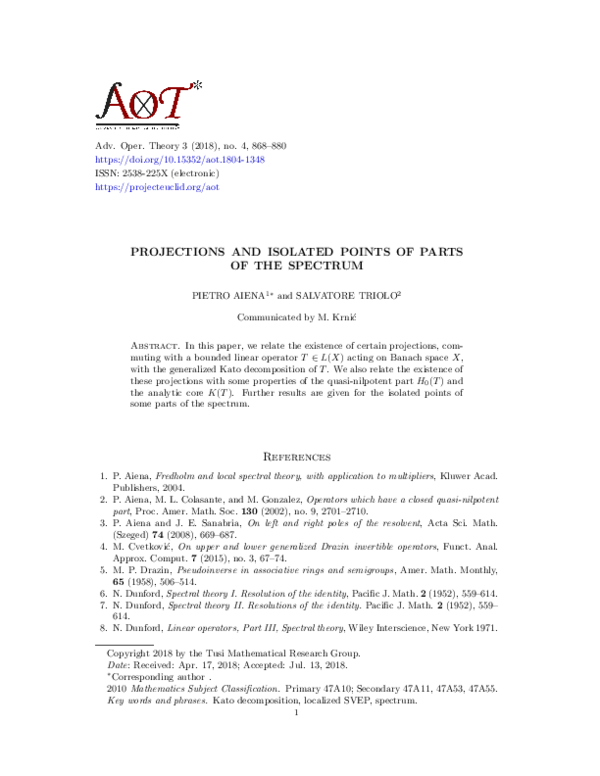 (PDF) Projections and isolated points of parts of the spectrum