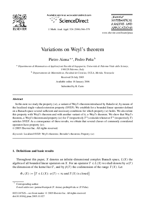 (PDF) Weyl's Theorem Variations and Operator Properties