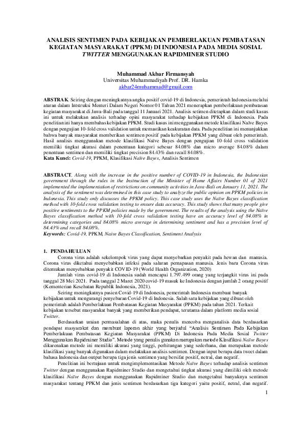 (PDF) ANALISIS SENTIMEN PADA KEBIJAKAN PEMBERLAKUAN PEMBATASAN KEGIATAN MASYARAKAT (PPKM) DI ...
