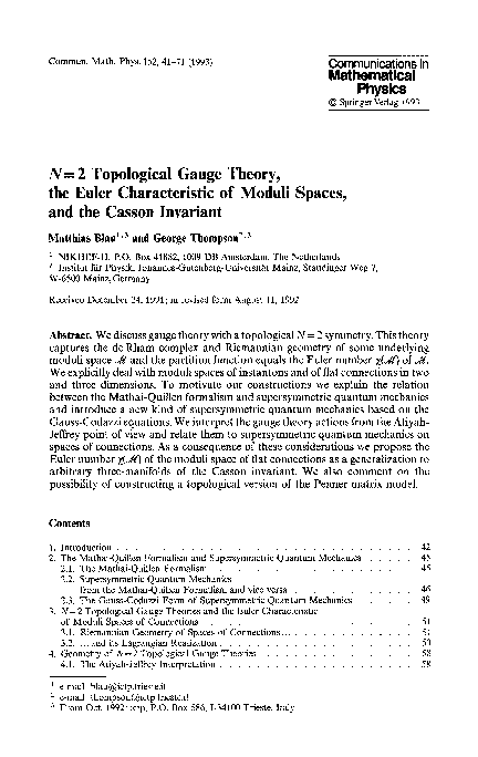 (PDF) N=2 topological gauge theory, the Euler characteristic of moduli spaces, and the Casson ...