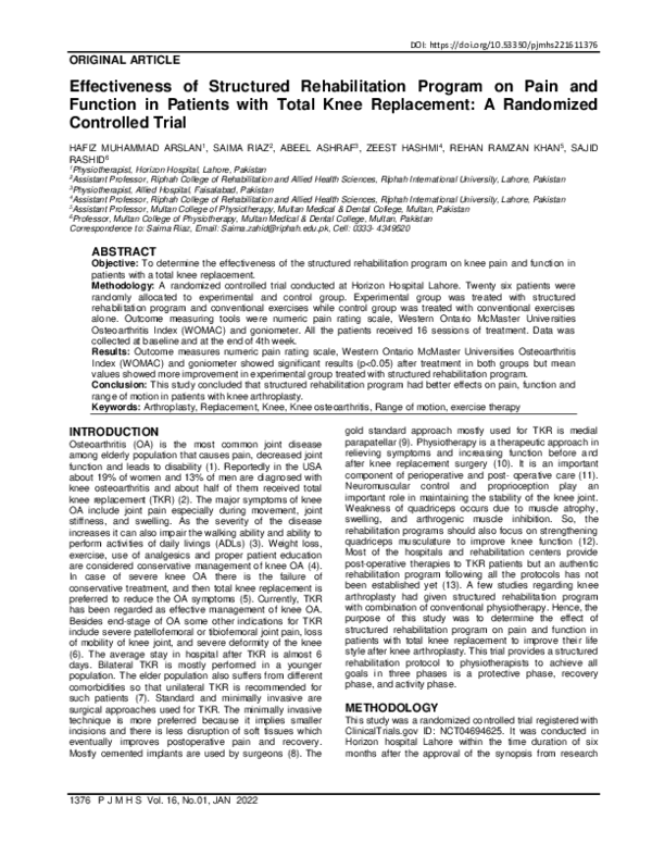 (PDF) Effectiveness of Structured Rehabilitation Program on Pain and ...
