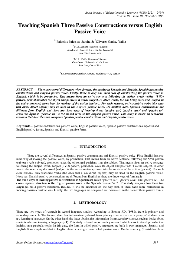 (PDF) Teaching Spanish Three Passive Constructions versus English ...
