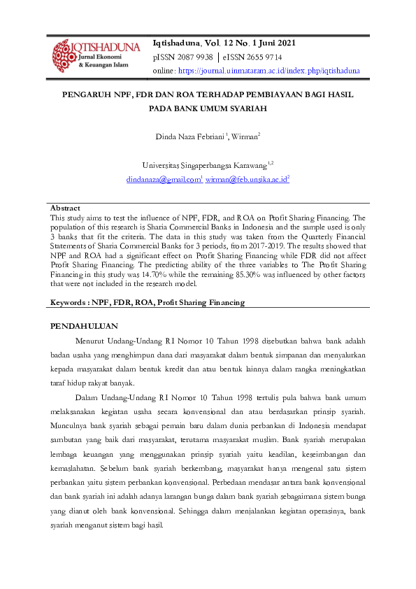 (PDF) Pengaruh NPF, FDR Dan Roa Terhadap Pembiayaan Bagi Hasil Pada Bank Umum Syariah
