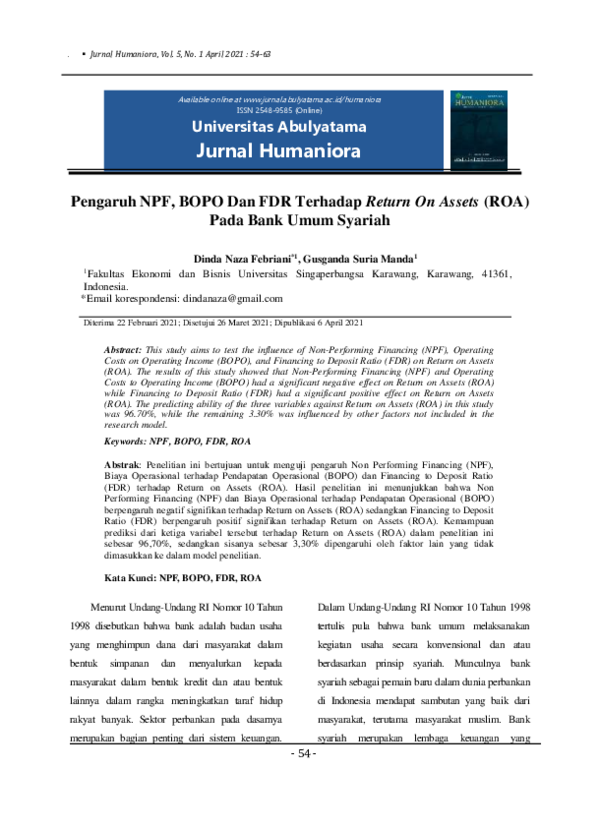 (PDF) Pengaruh NPF, Bopo Dan FDR Terhadap Return on Assets (Roa) Pada Bank Umum Syariah