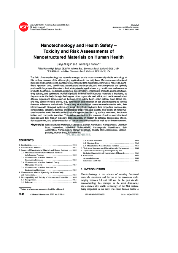 (PDF) Nanotechnology and Health Safety – Toxicity and Risk Assessments ...