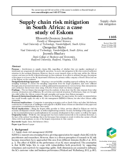 (PDF) Supply chain risk mitigation in South Africa: a case study of Eskom
