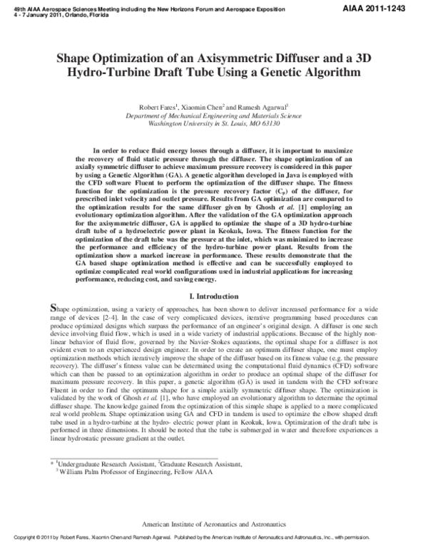 (PDF) Shape Optimization of an Axisymmetric Diffuser and a 3D Hydro-Turbine Draft Tube Using a ...