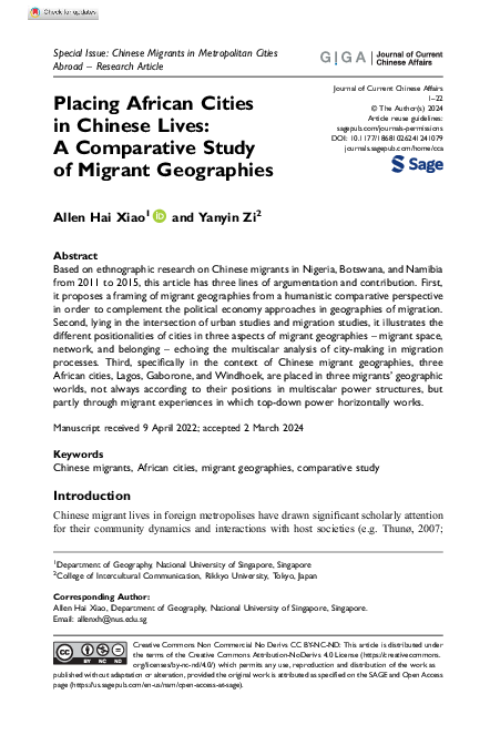 (PDF) Placing African Cities in Chinese Lives: A Comparative Study of Migrant Geographies
