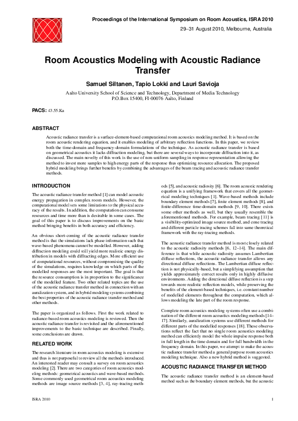 (PDF) Room acoustics modeling with acoustics radiance transfer | Lauri Savioja - Academia.edu