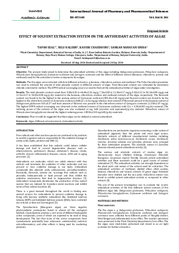 Pdf Effect Of Solvent Extraction System On The Antioxidant Activities