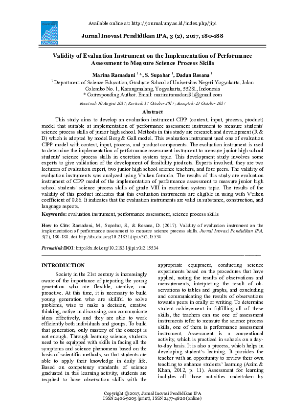 (PDF) Validity of evaluation instrument on the implementation of performance assessment to ...
